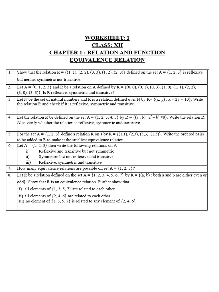Worksheet 1 Equivalence Relation | PDF | Natural Number | Elementary ...