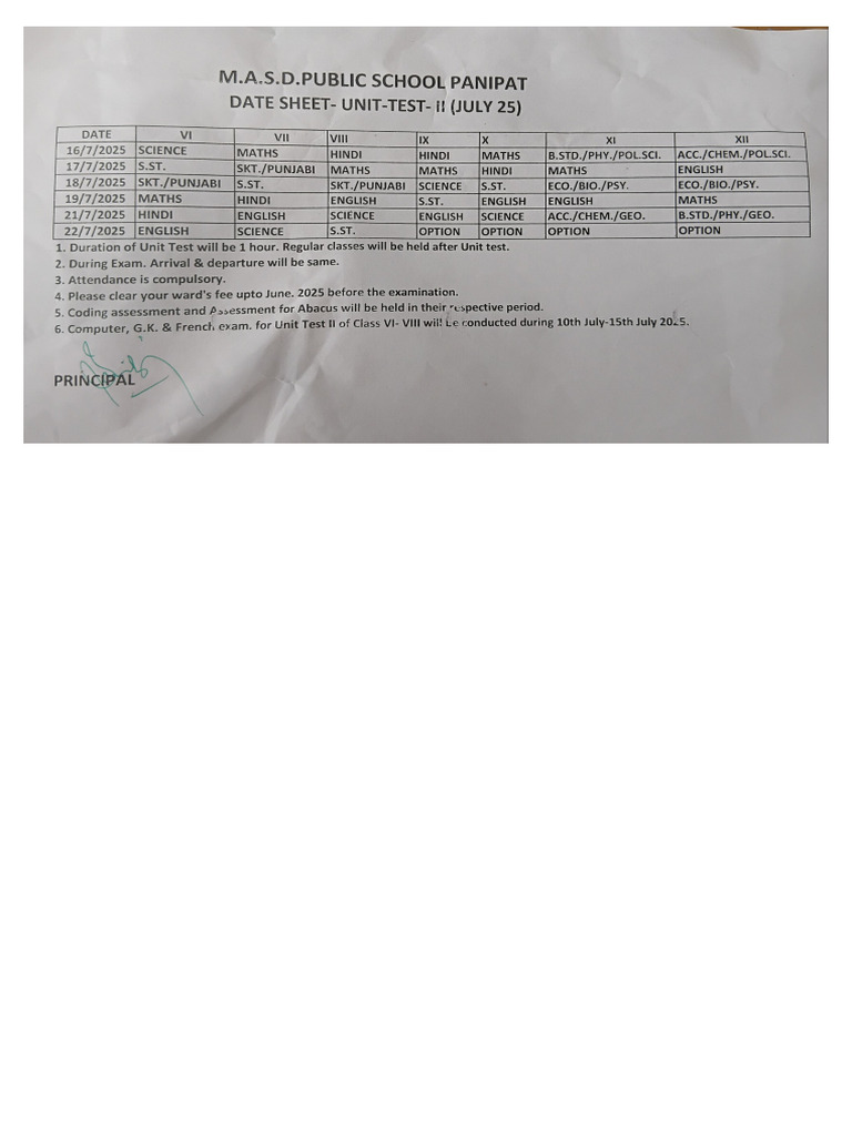 Date Sheet Unit Test 2 July | PDF