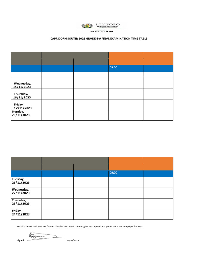 Get 2023 Grade 4-9 Final Examination Time Table Ss Ems Clarified 1 | PDF