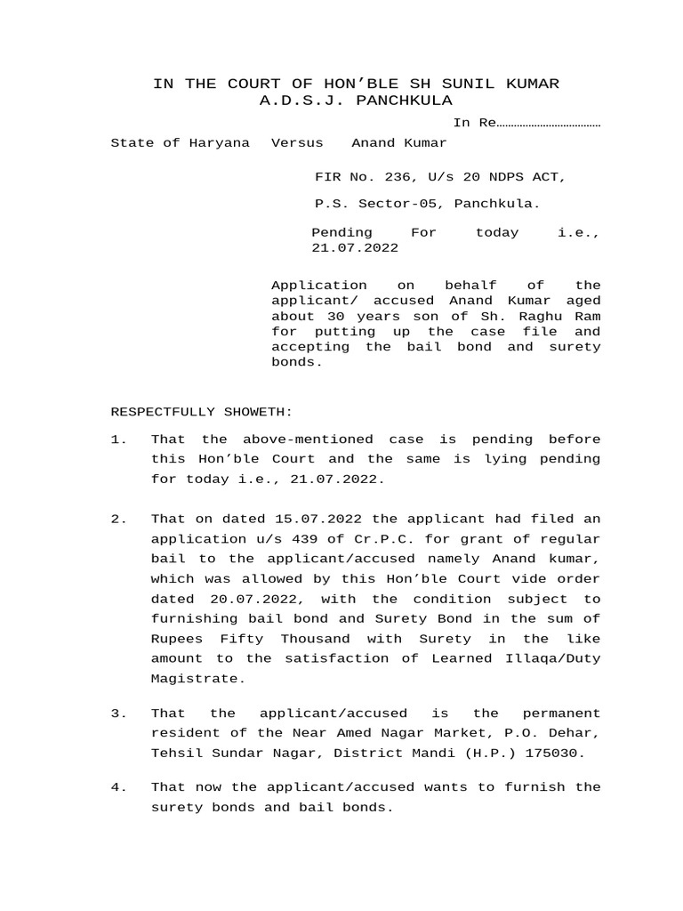 Bail Application for Anand Kumar Case | PDF | Bail | Criminal Justice