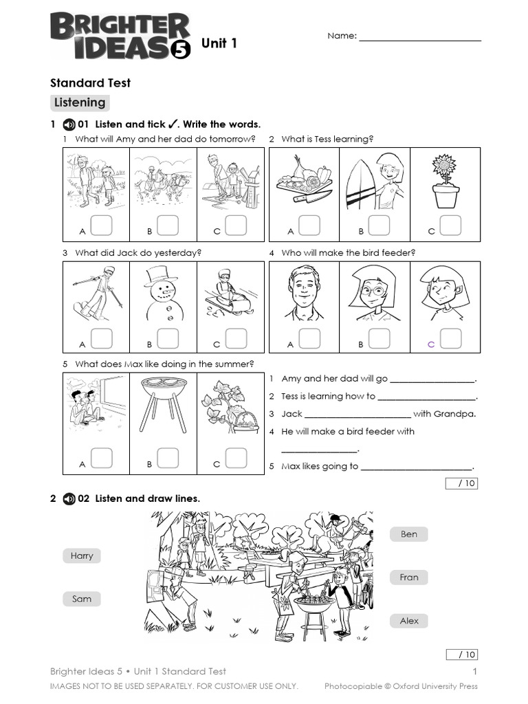 Brighter Ideas 5 Unit 1 Standard Test | PDF
