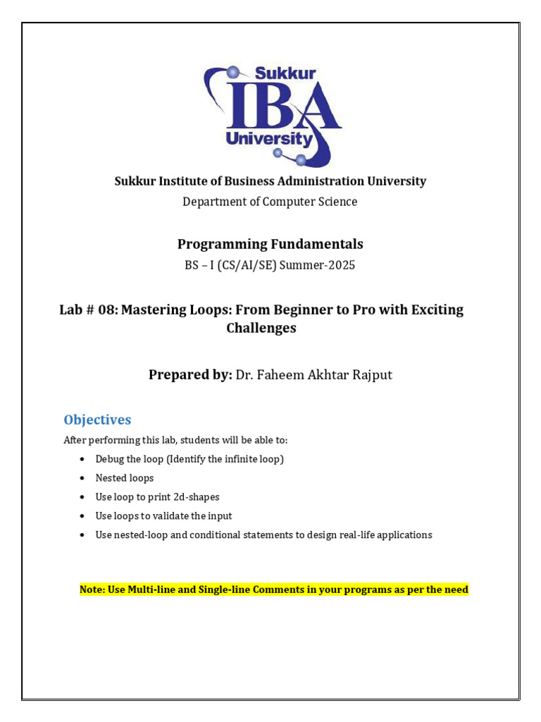 Lab - 08 Nested Loops and Summary of All Control Strctures | PDF | Namespace | Computer Programming