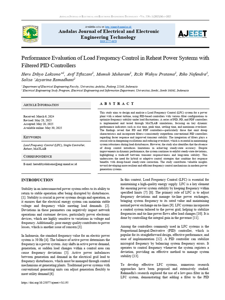 2025 Performance Evaluation of Load Frequency Control in Reheat Power Systems With Filtered PID ...