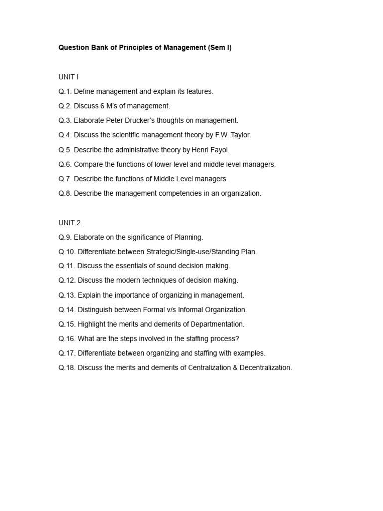 Principles of Management Question Bank (Sem 1) | PDF