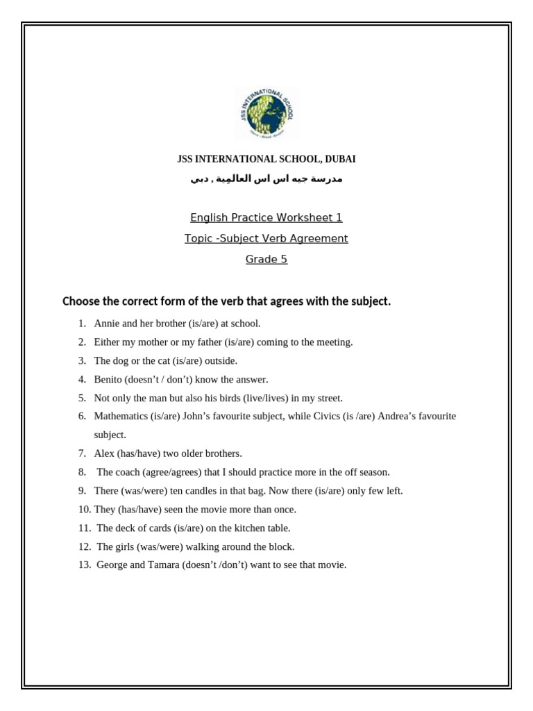 Grade 5 Subject-Verb Agreement Worksheet | PDF
