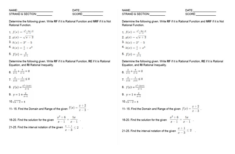Rational Functions and Equations Assessment | PDF