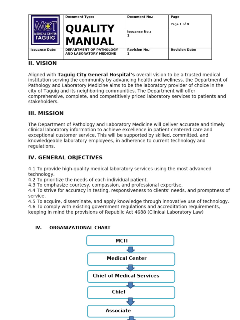 Taguig Pathology Quality Manual | PDF | Medical Laboratory | Pathology