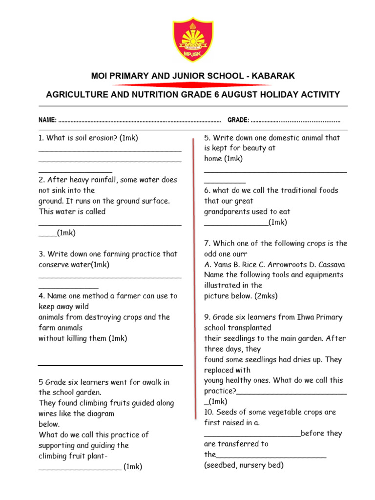 Grade 6 Agriculture and Nutrition August Holiday Activity 2025 | PDF ...