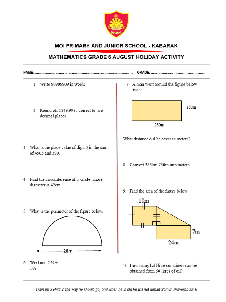 Grade 6 Math Holiday Activity | PDF