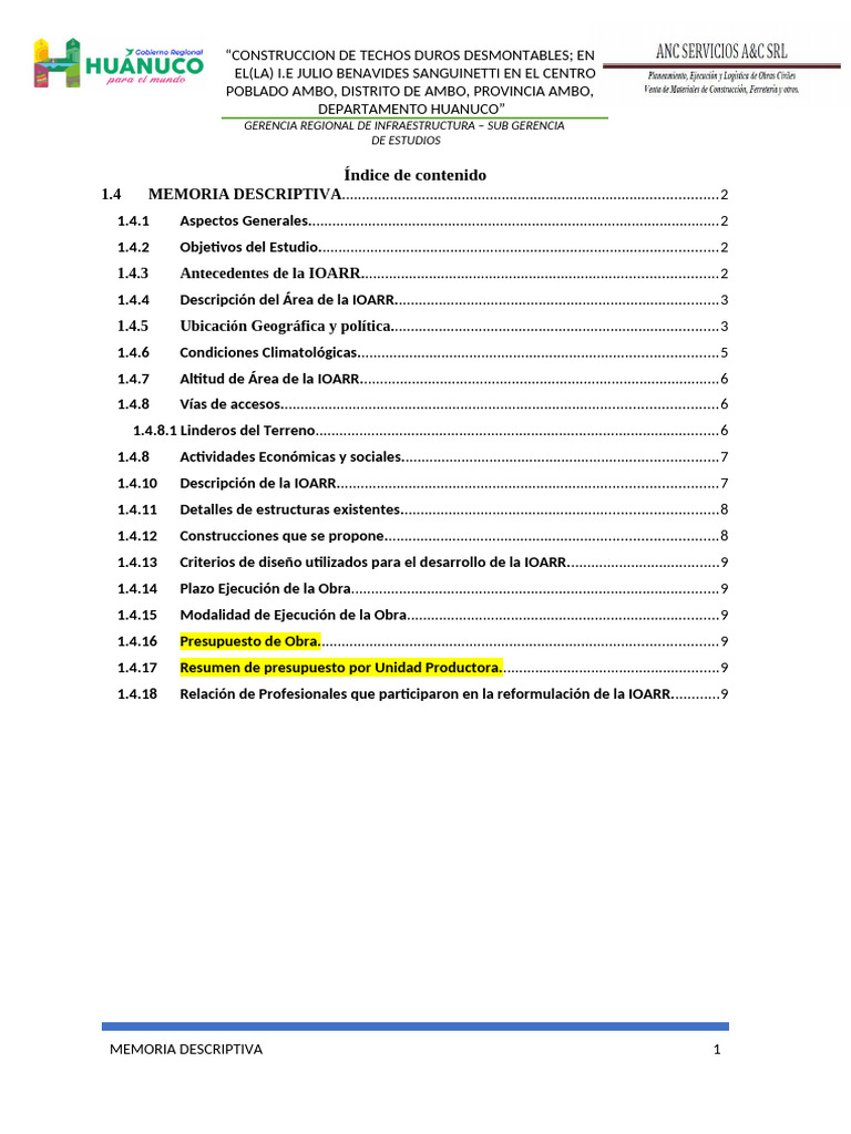 Memoria Descriptiva I.E Julio Benavides Sanguinetti | PDF ...