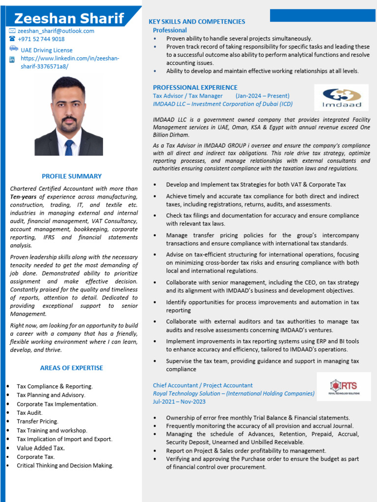 Zeeshan Resume - Tax Manager | PDF | Audit | Taxes