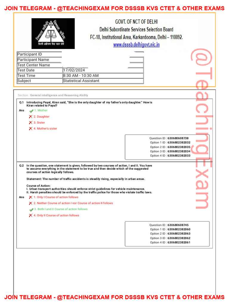 Dsssb Feb 2024 Statistical Asst 17 Feb Question Paper | PDF | Zygosity