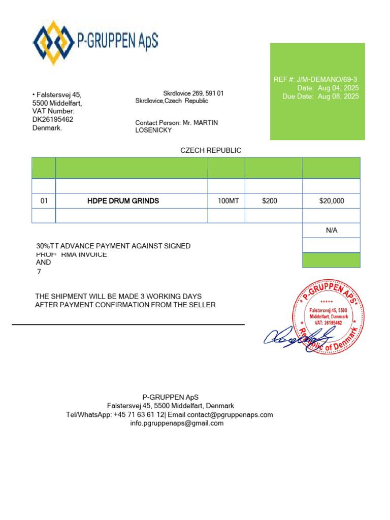 Proforma Invoice Valben Sro (Hdpe Drum Grinds) Aug 2025 | PDF