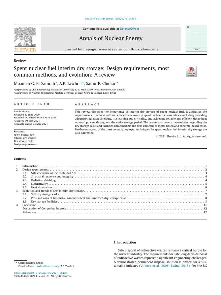 Spent Nuclear Fuel Interim Dry Storage Design Requiremen 2021 Annals of ...