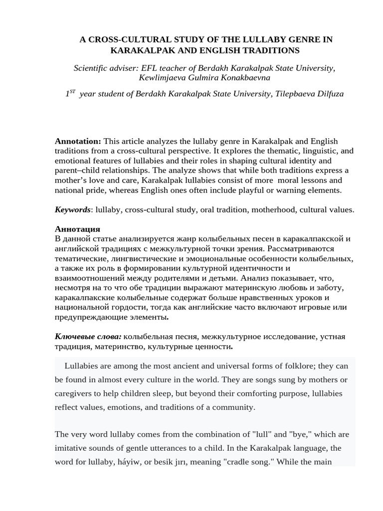 A Cross-Cultural Study of The Lullaby Genre in Karakalpak and English Traditions Edited | PDF ...