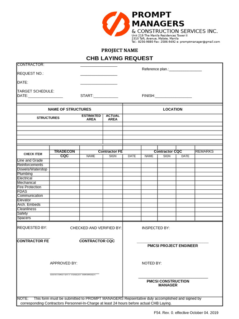 CHB Laying Request Form Template | PDF | Civil Engineering | Building ...