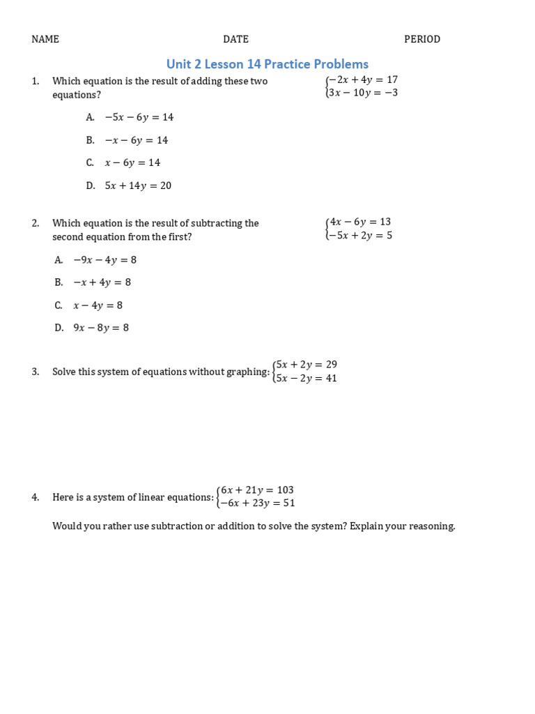 Unit 2 Lesson 14 Practice Problems and Summary | PDF | Subtraction ...