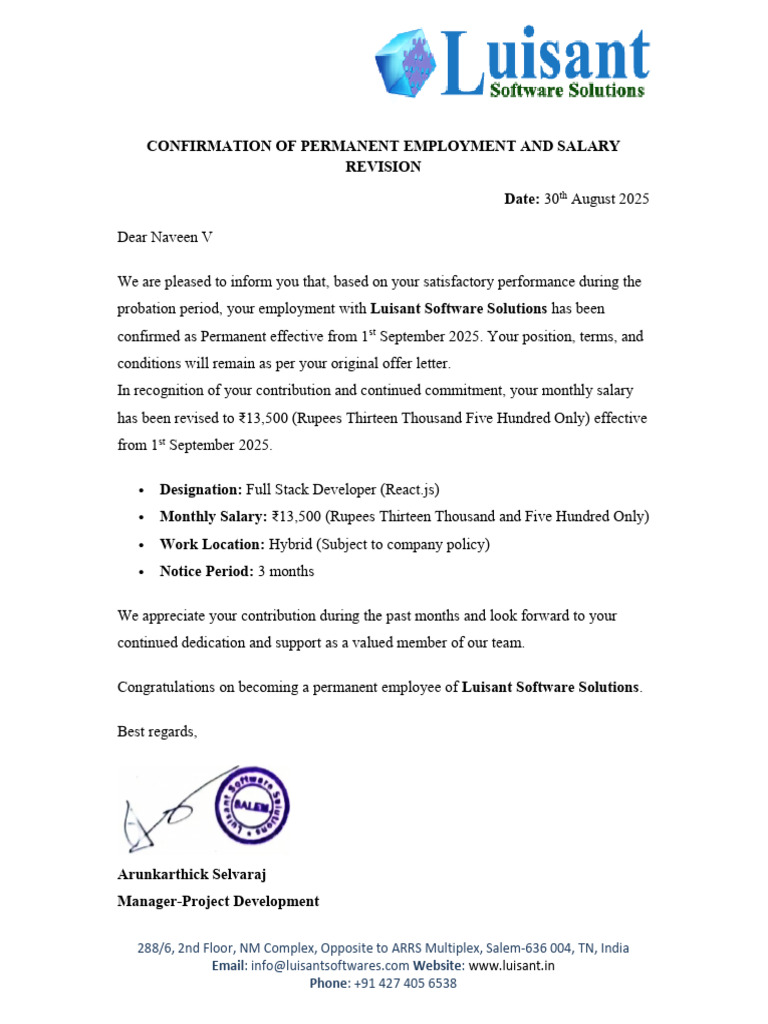 Permanent Employeement Letter Naveen | PDF