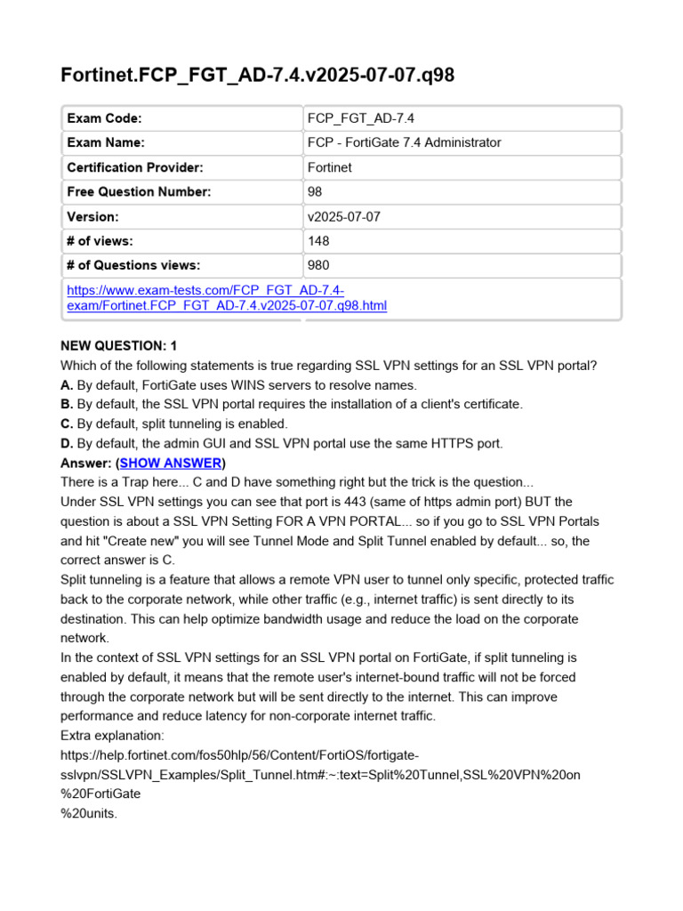 Fortinet FCP_FGT_AD-7.4 Exam Overview | PDF | Firewall (Computing ...
