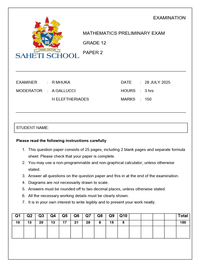 Grade 12 Prelim Exam P2-Final 2025 | PDF | Circle | Elementary Geometry
