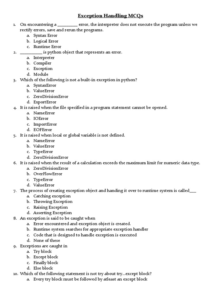 Exception Handling MCQs.docx | PDF | Programming Paradigms | Computer ...