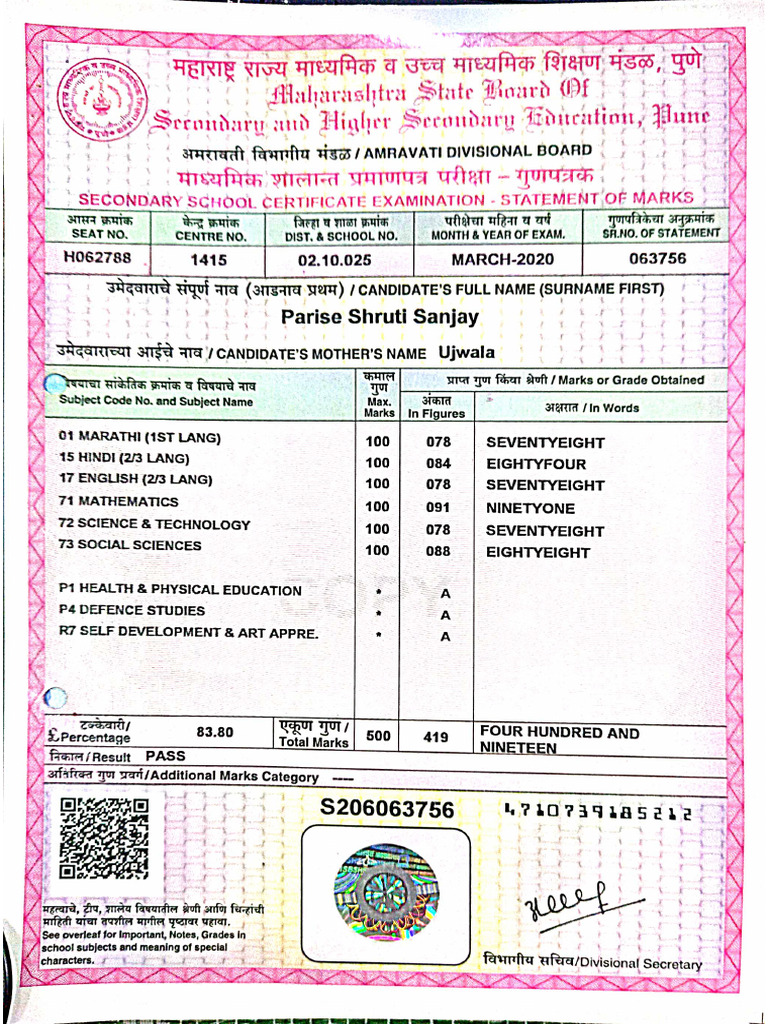 10th Marksheet | PDF