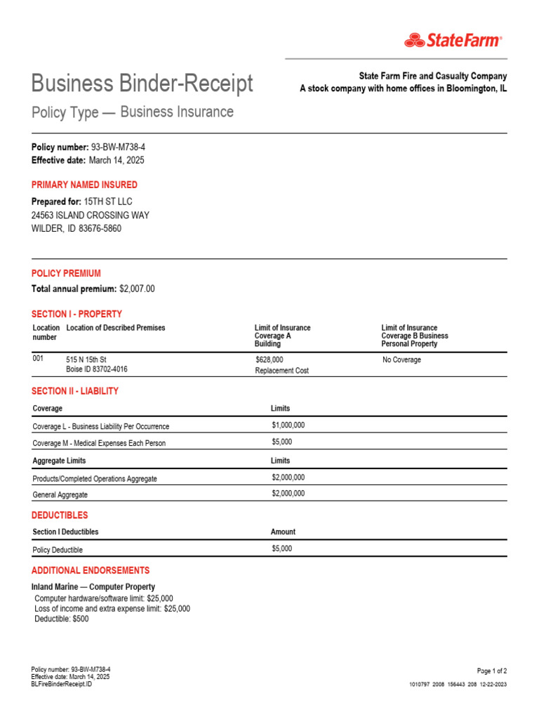Binder | PDF | Insurance | Deductible