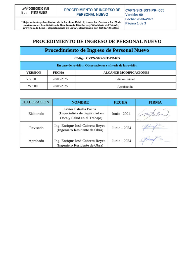 Cvpn Sig Sst Pr 005_procedimiento Personal Nuevo | PDF | Lima