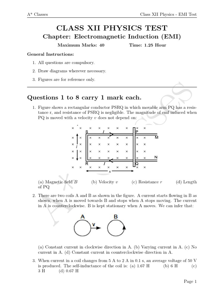 Physics Class 12th EMI Test 30 October 2025 | PDF | Inductance ...
