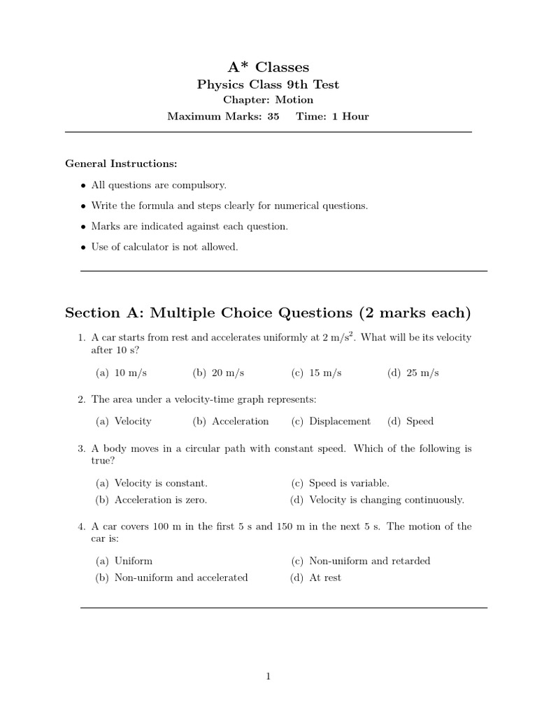 Physics Class 9th Test Motion 30 October 2025 | PDF | Acceleration ...