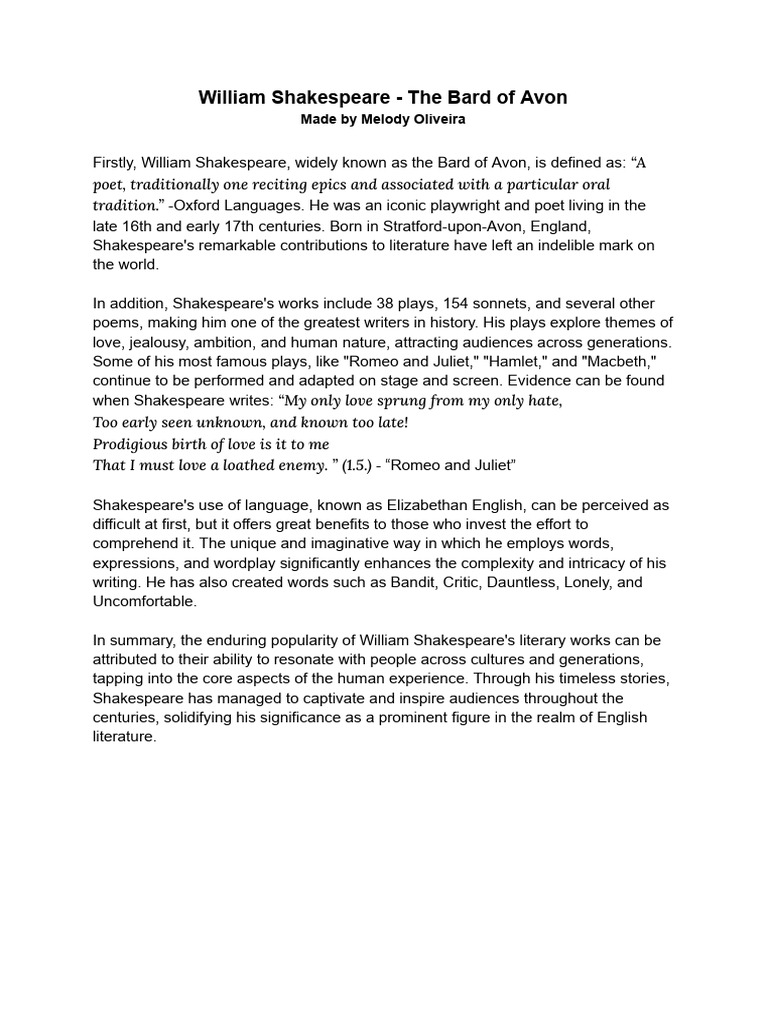 William Shakespeare - The Bard of Avon | PDF