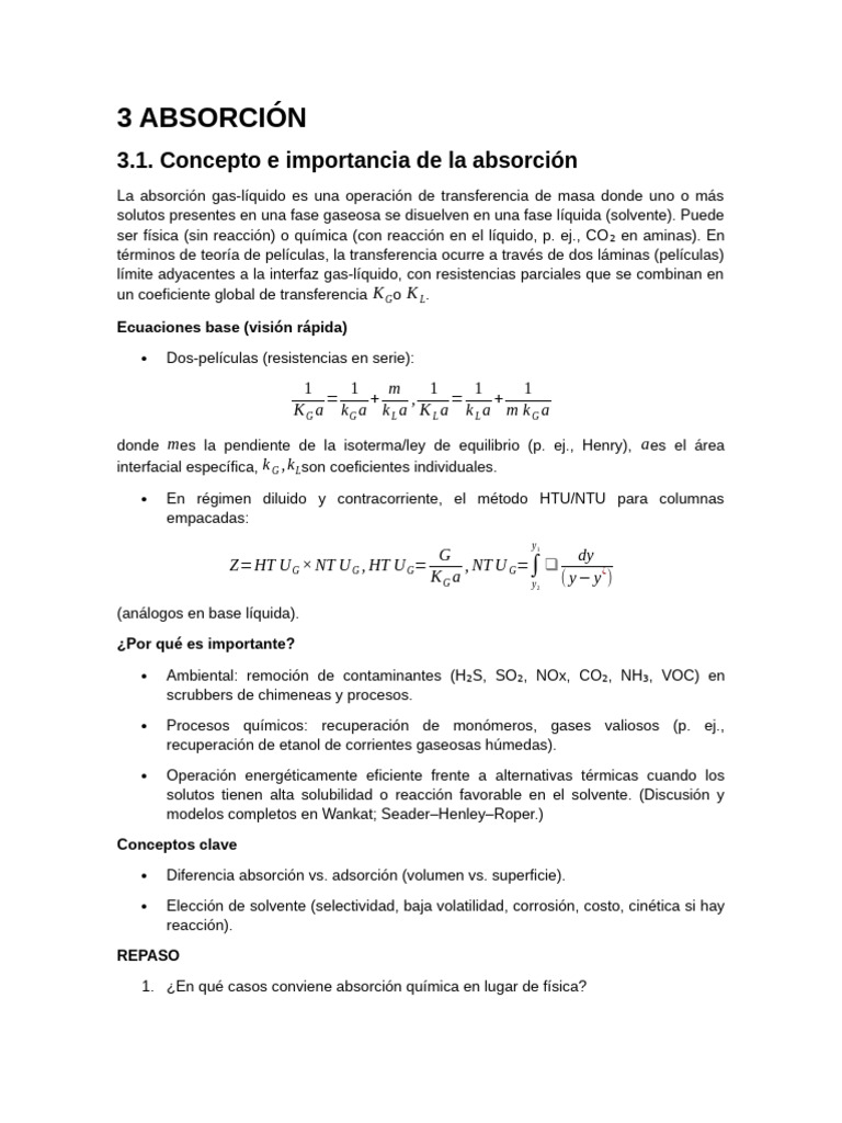 Fundamentos de la absorción gas-líquido | PDF | Absorción (Química ...