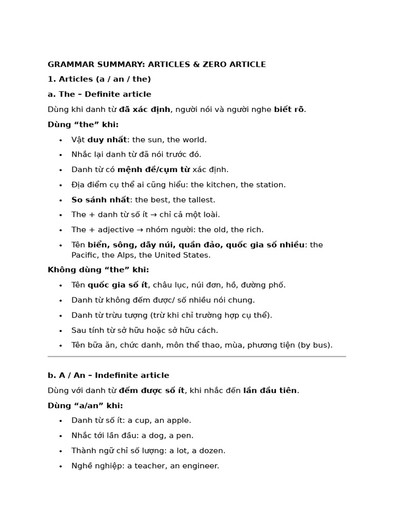 Grammar Summary - Articles and Zero Article | PDF
