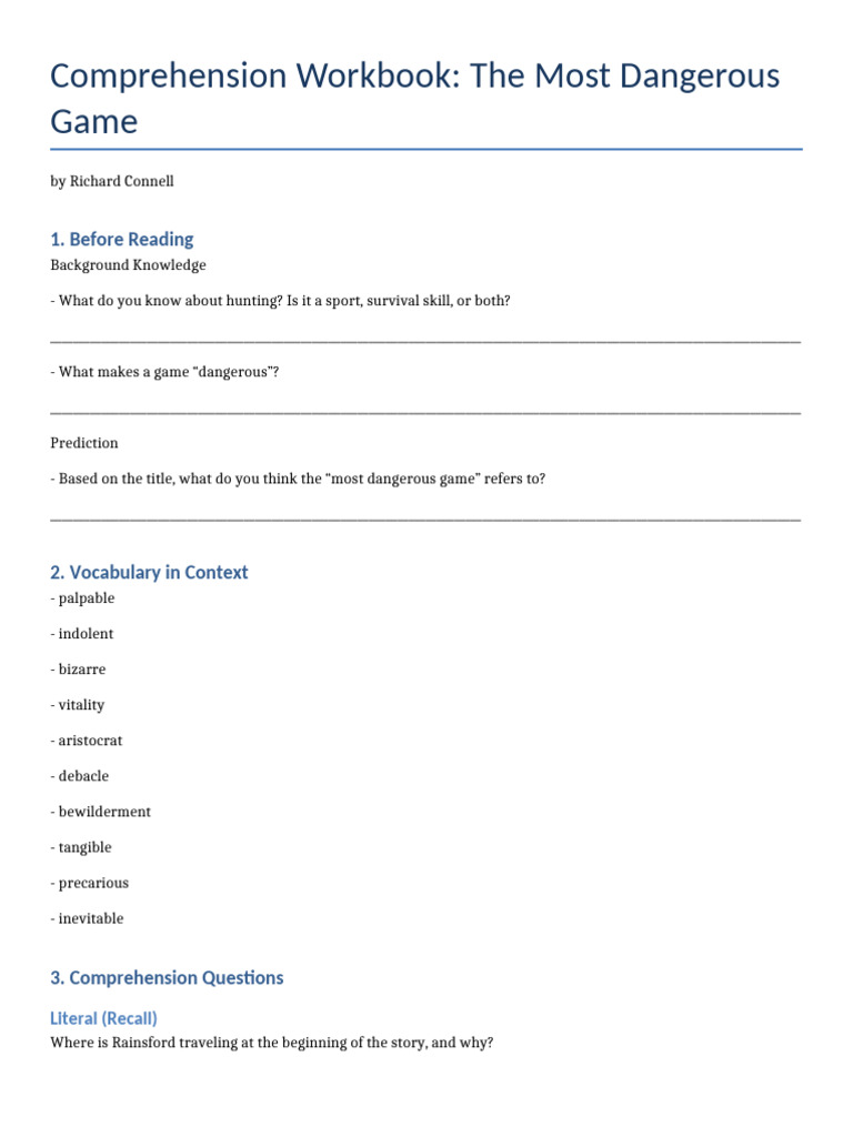 Comprehension Workbook: The Most Dangerous Game | PDF