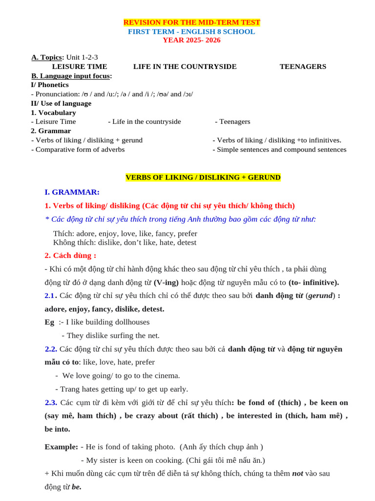 Grade 8 - REVISION FOR THE MID-TERM TEST | PDF