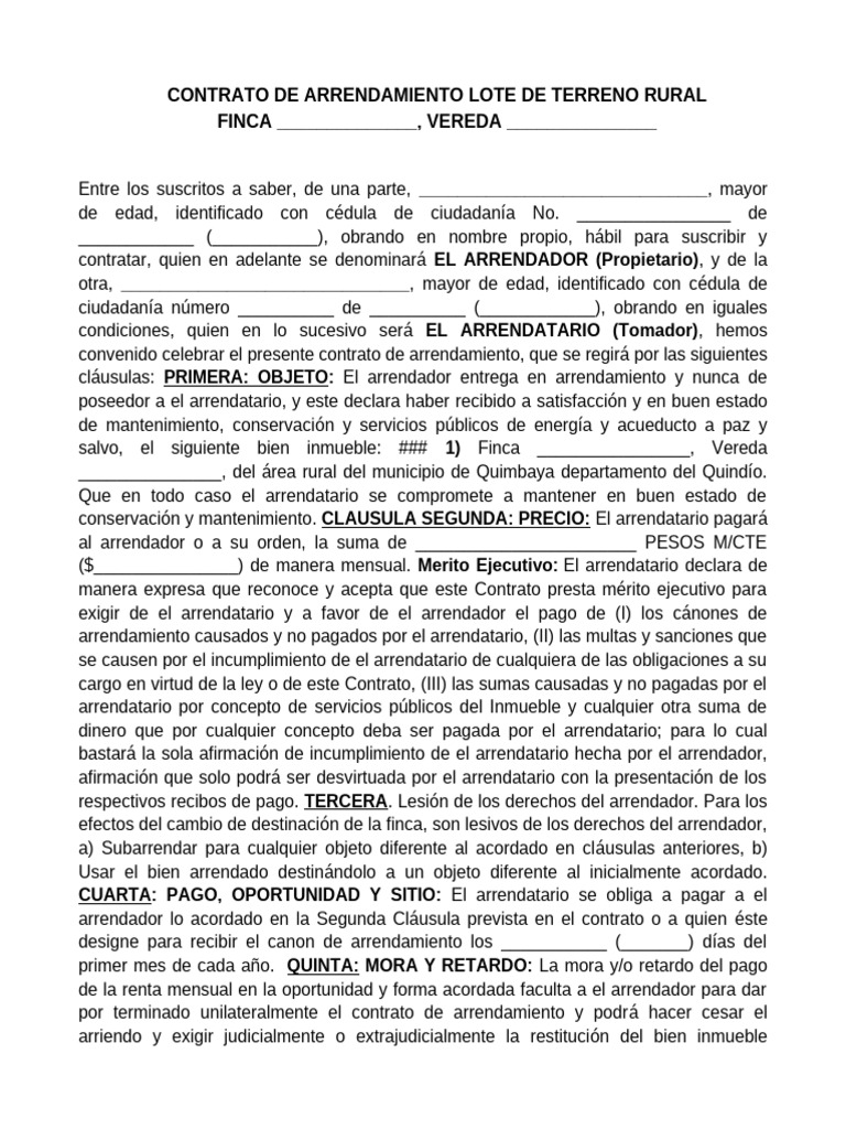Contrato de Arrendamiento Lote de Terreno Rural en Blanco | PDF | Ley común