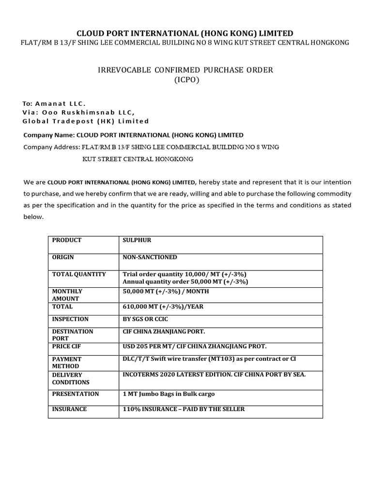 ICPO for Sulphur Purchase Order | PDF | Business