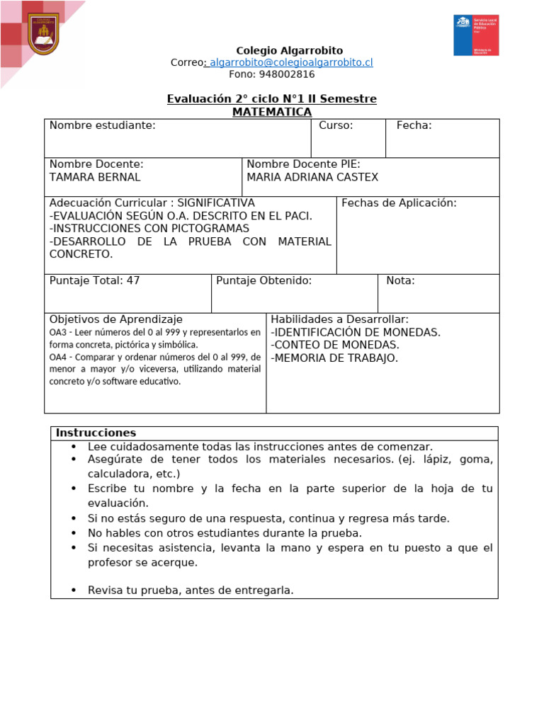 Prueba de Matematica Conteo de Monedas | PDF | Aprendizaje