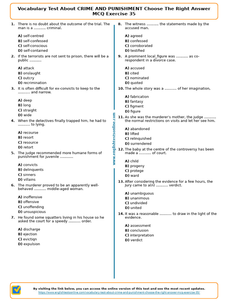 948 Vocabulary Test About Crime and Punishment Choose The Right Answer ...