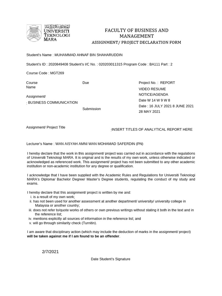 MGT269 Assignment Project Declaration Form | PDF | Educational Stages | Qualifications