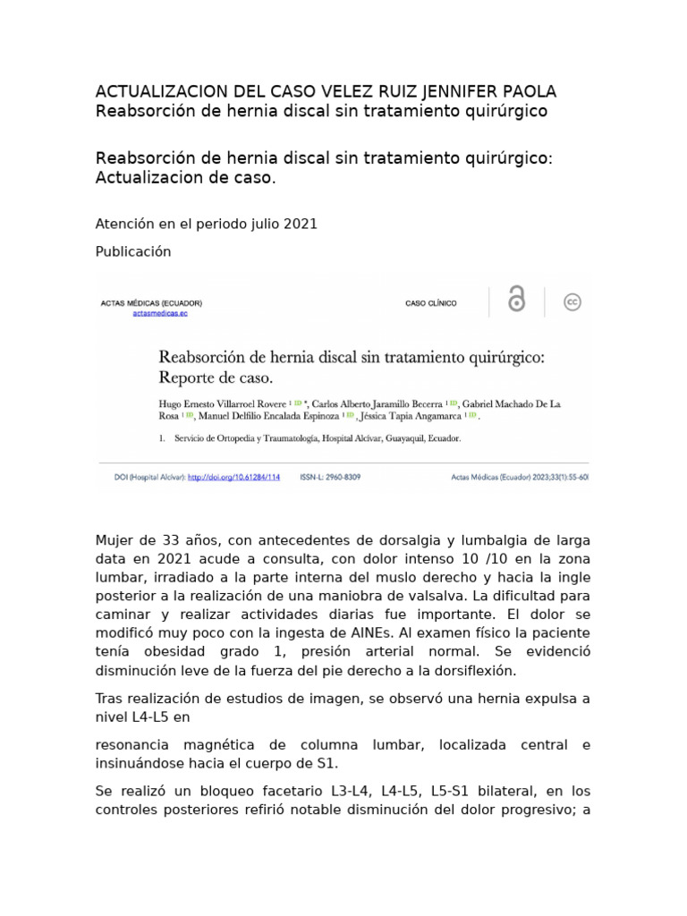 borrador ACTUALIZACION DEL CASO VELEZ RUIZ JENNIFER PAOLA Reabsorción de hernia discal sin ...