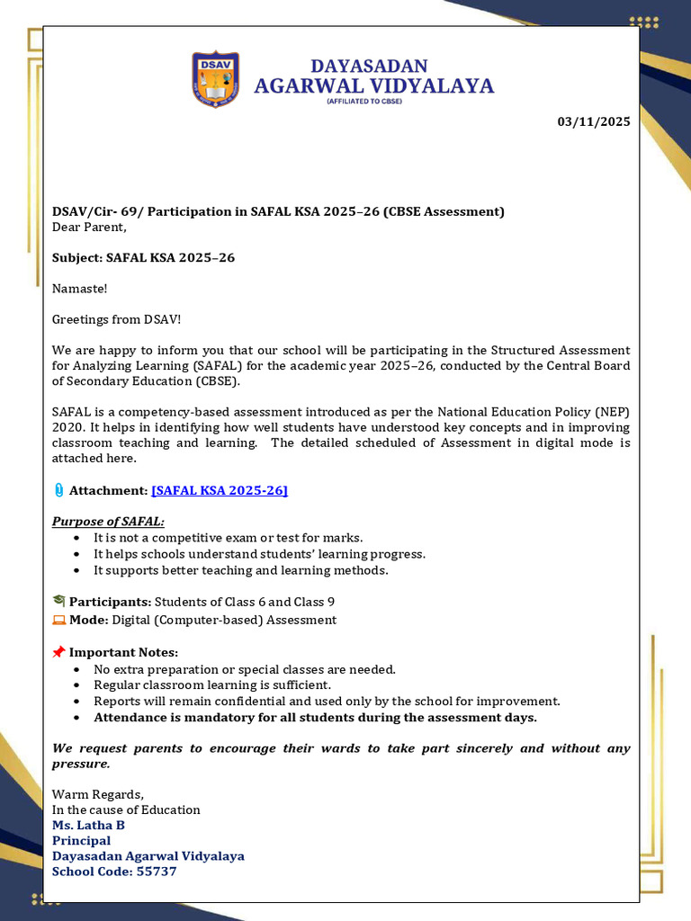 Dsav Circular 69 - Safal Ksa 2025-26 (Grade 6 & 9) | PDF