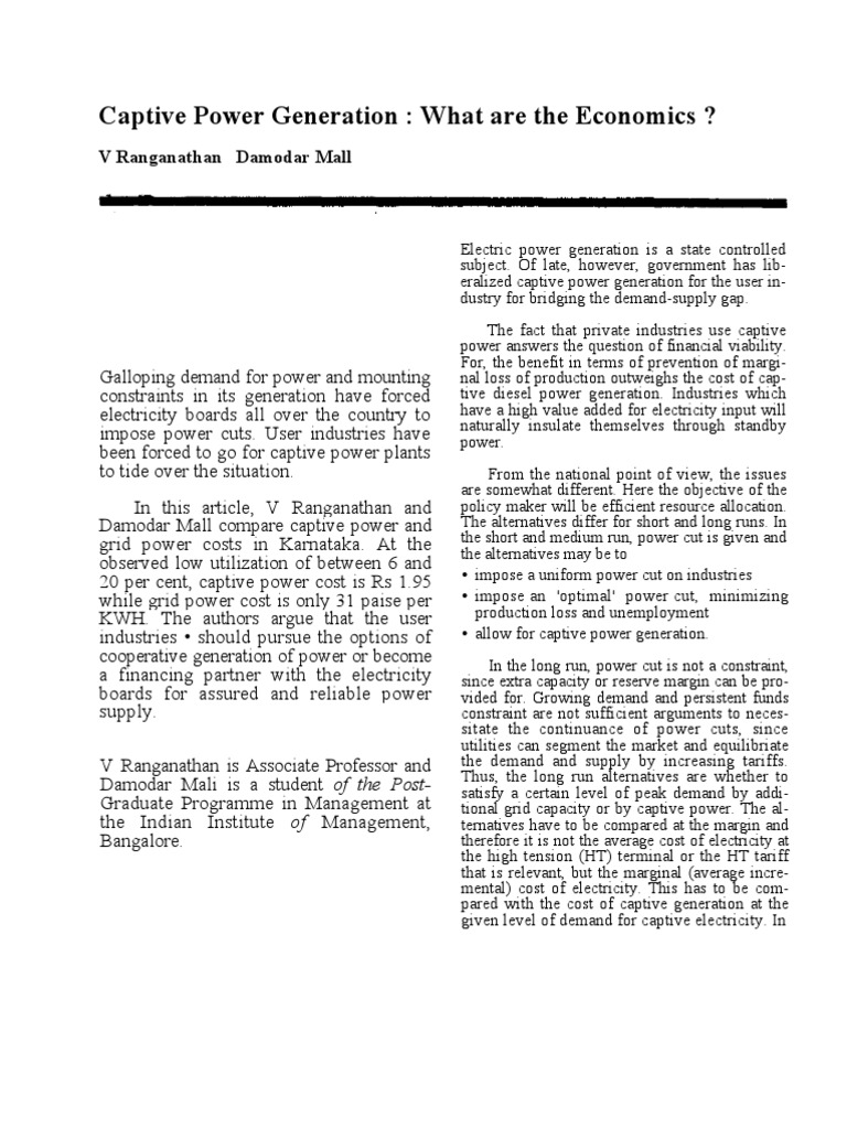 Captive Power Generation What Are The Economics | PDF ...