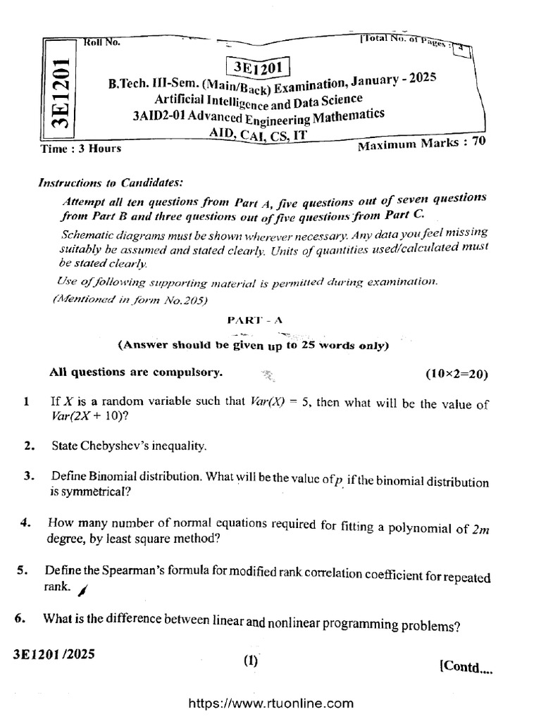 Btech Cs It 3 Sem Advanced Engineering Mathematics 3e1201 Jan 2025 | PDF