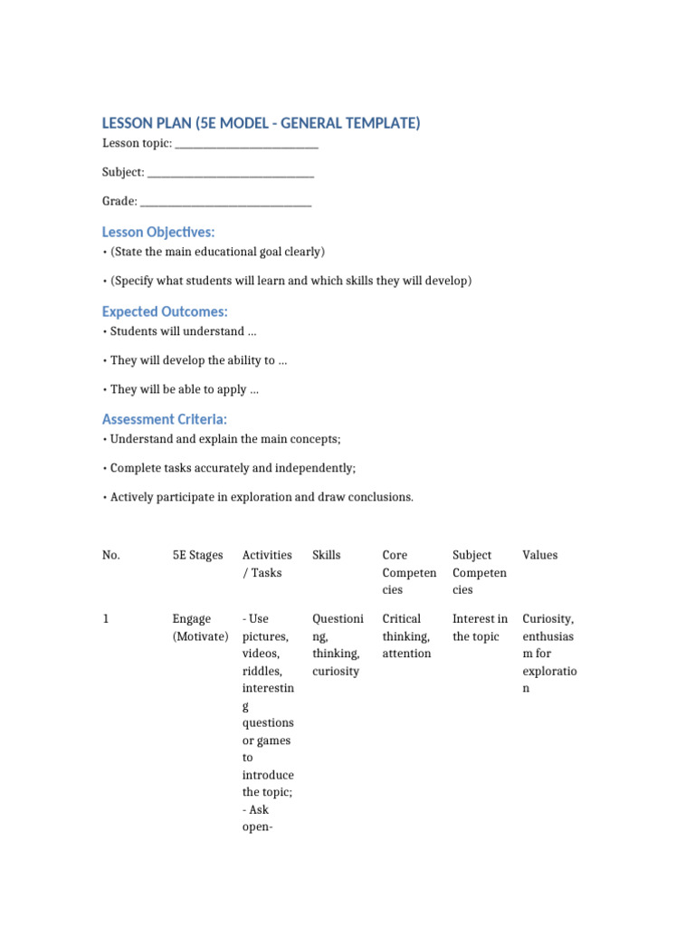 5E Lesson Plan Template English British Extended | PDF | Educational ...