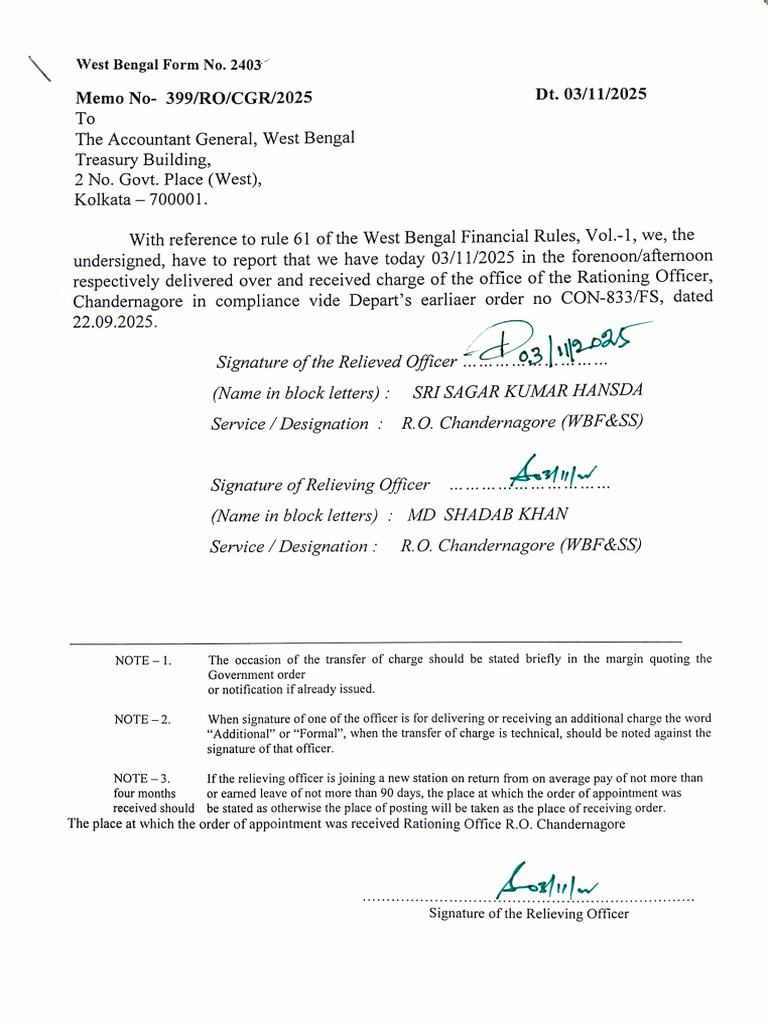 Charge Handover Copy From Sagar Kumar Hansda To MD Shadab Khan | PDF