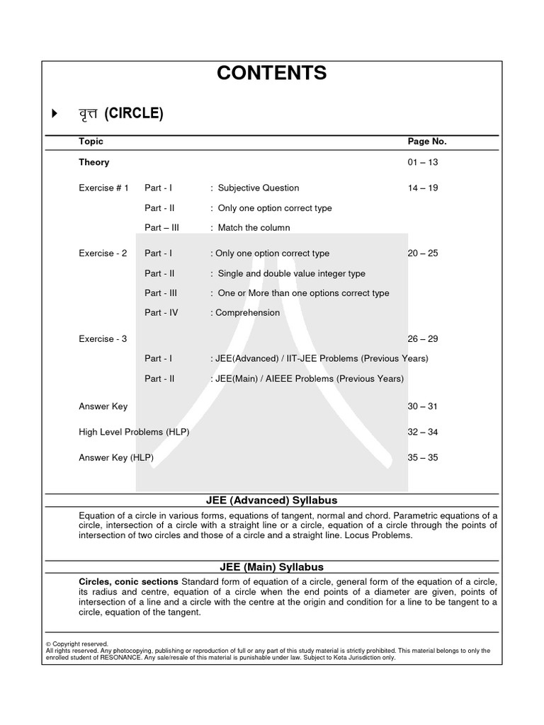 JEE Circle Equations and Exercises | PDF | Circle | Equations