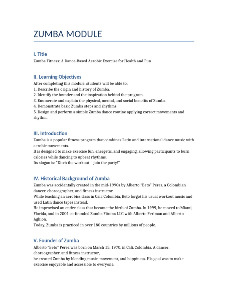 Zumba Module | PDF | Dances | Physical Fitness
