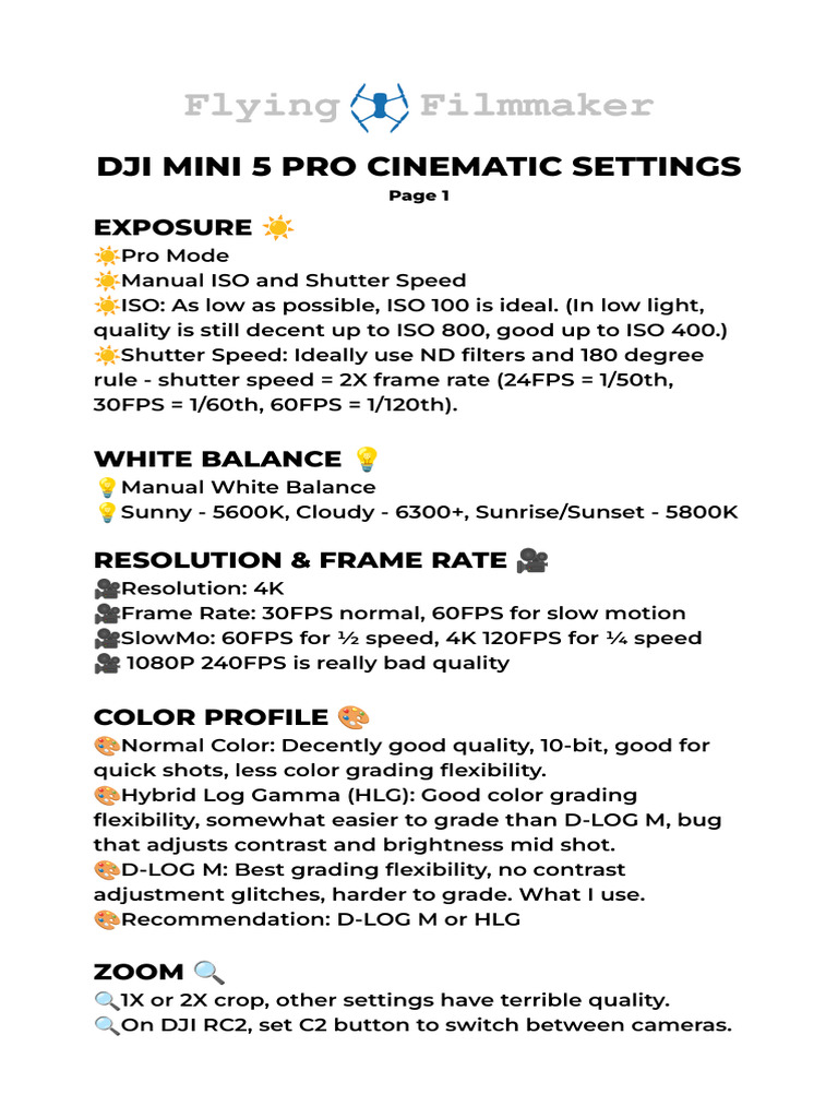 DJI Mini 5 Pro Cinematic Settings Guide | PDF