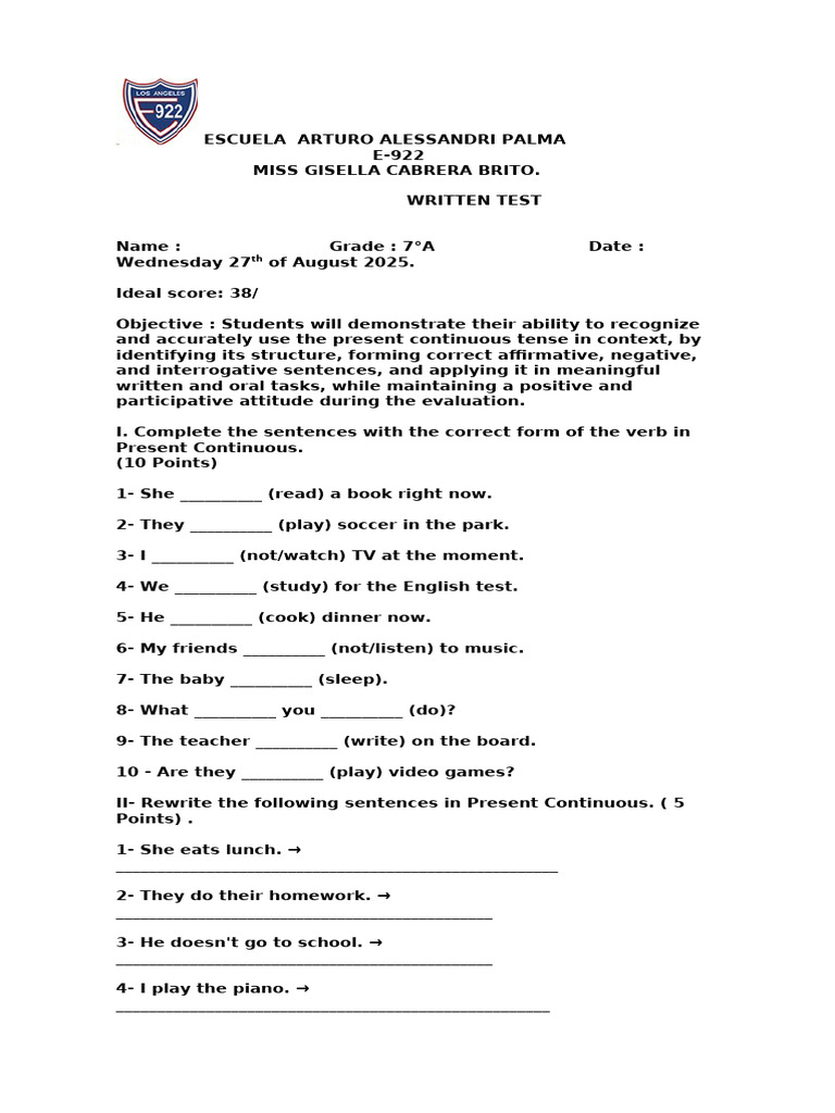 Written Test Presnt Continuo 27-08 (1) | PDF